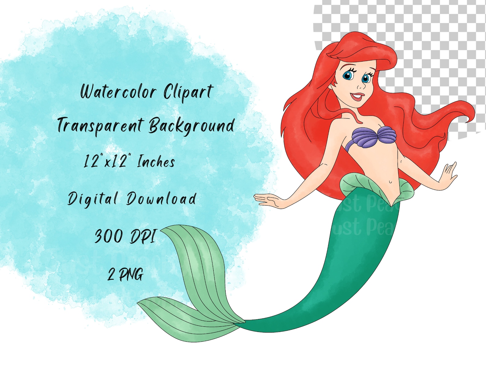 The Little Mermaid Hand Drawn Watercolor Clipart, Cute Cartoon, PNG ...