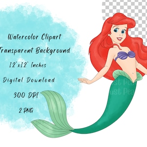 The Little Mermaid Hand Drawn Watercolor Clipart, Cute Cartoon, PNG ...