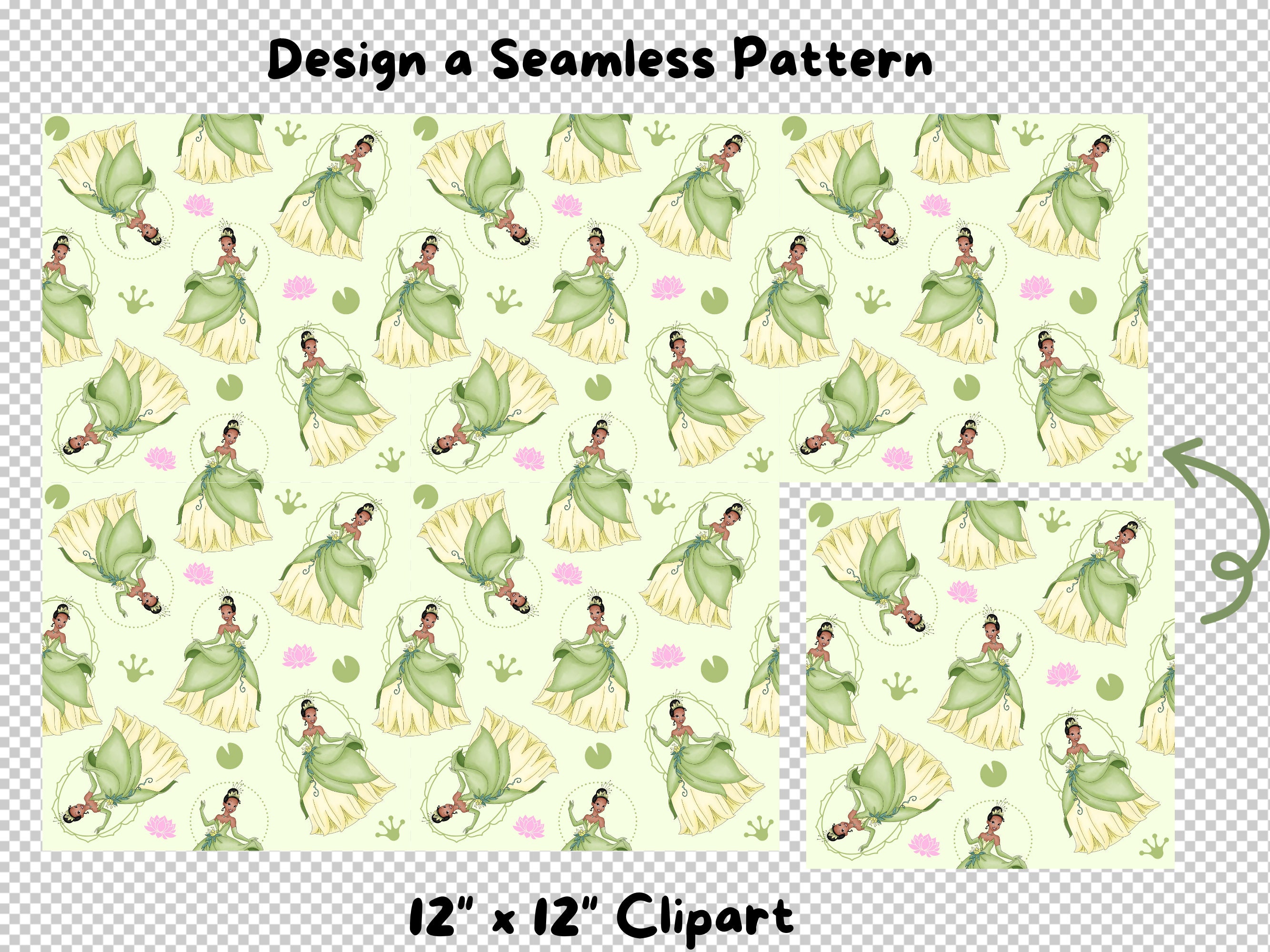 Princess Tiana Watercolor Seamless Pattern: Cartoon Frog (digital ...