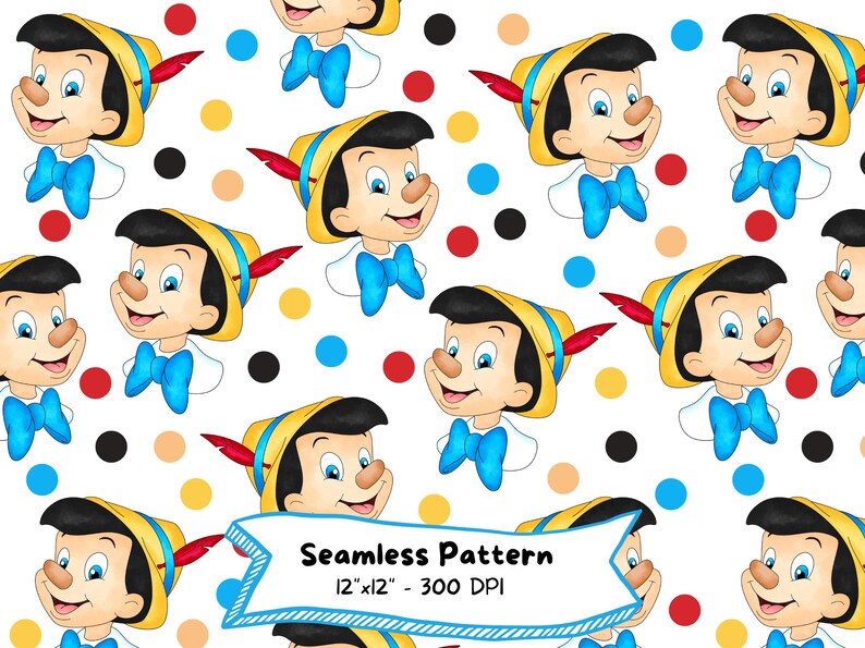 Pinocchio Seamless Pattern, Watercolor Cartoon, Kids Party, Digital ...