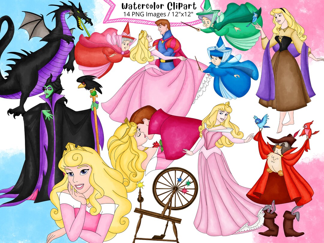 Sleeping Beauty Watercolor Clipart Set, Cute Cartoon, Princess Aurora ...