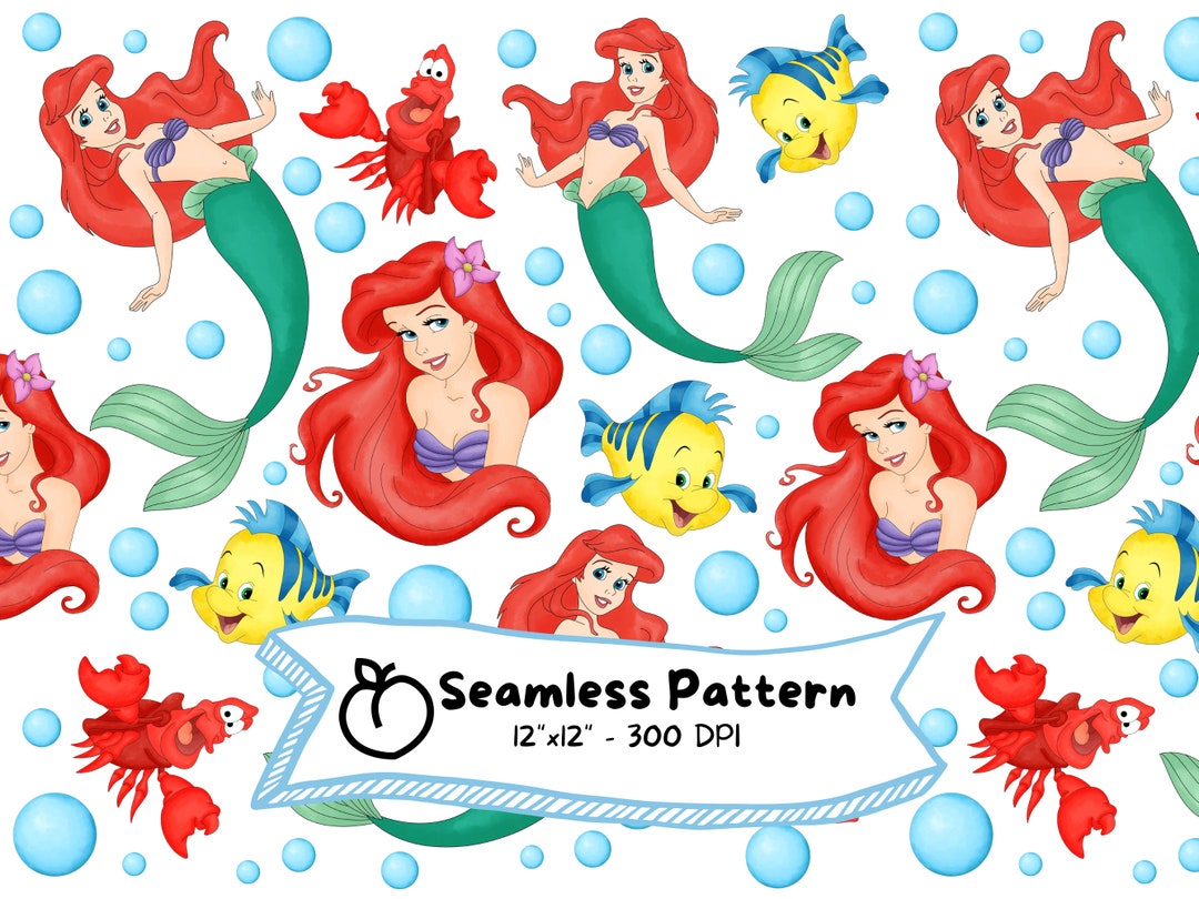 Little Mermaid Seamless Pattern: Watercolor Ariel, Flounder (digital ...