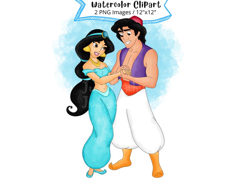 Jasmine and Aladdin Hand Drawn Watercolor Clipart, Cute Cartoon ...