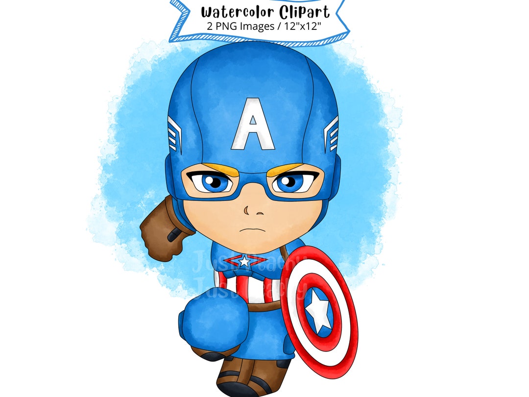 Kawaii Captain America Watercolor Clipart, PNG, Superhero, Transparent ...