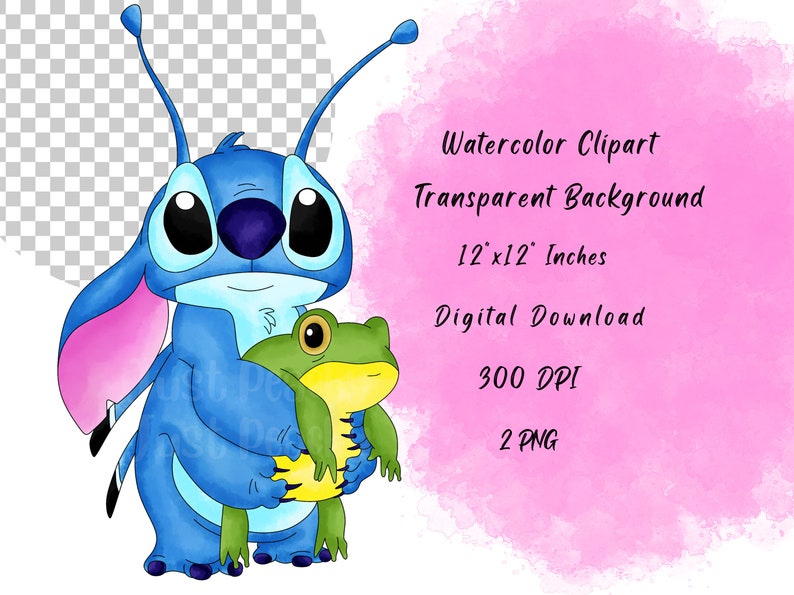 Stitch Watercolor Clipart Set, Cute Cartoon, PNG, Alien, Transparent ...