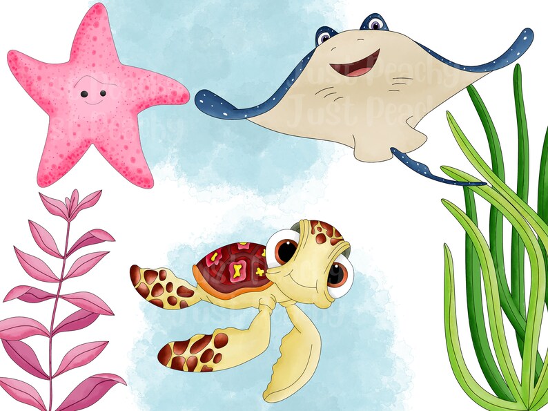 Finding Nemo Watercolor Clipart: Cartoon Ocean Animals (PNG Digital ...