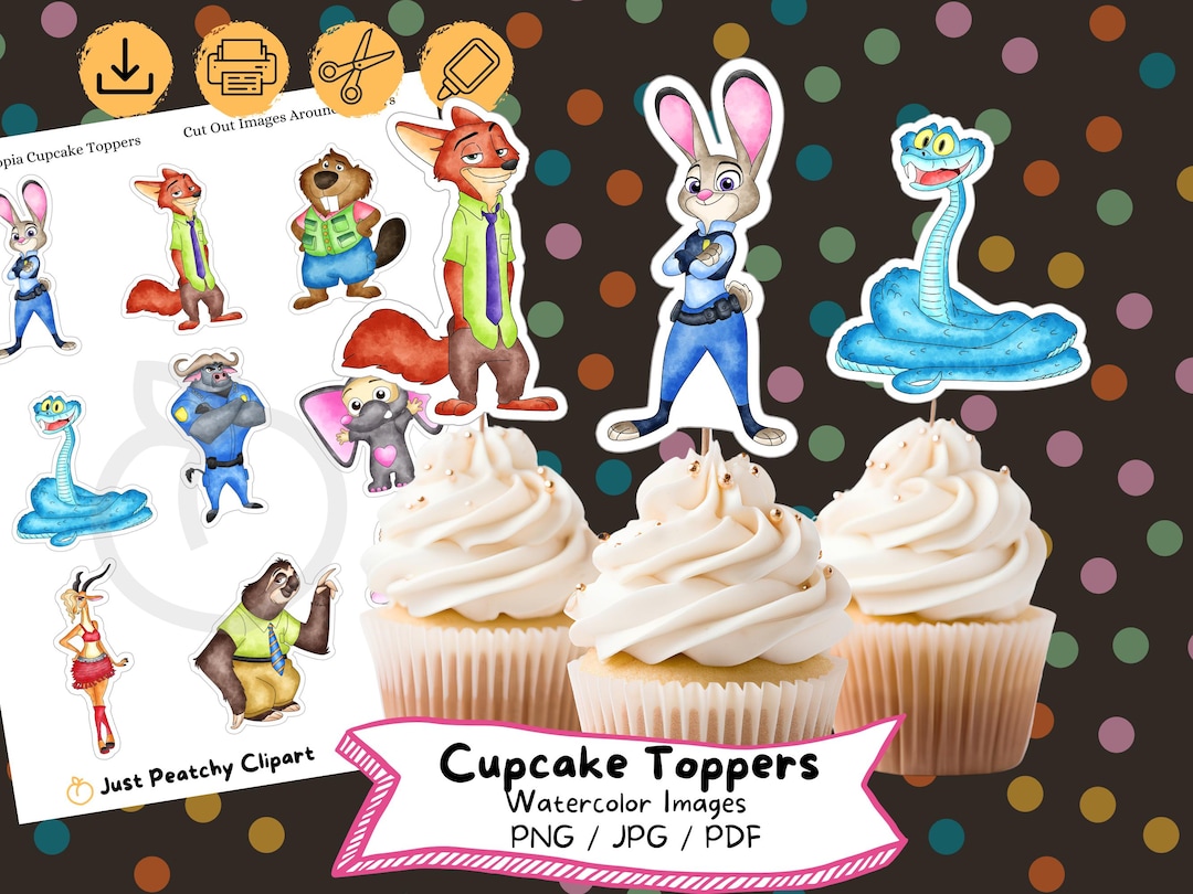Zootopia Cupcake Toppers, Watercolor Clipart, Birthday Party, Digital ...