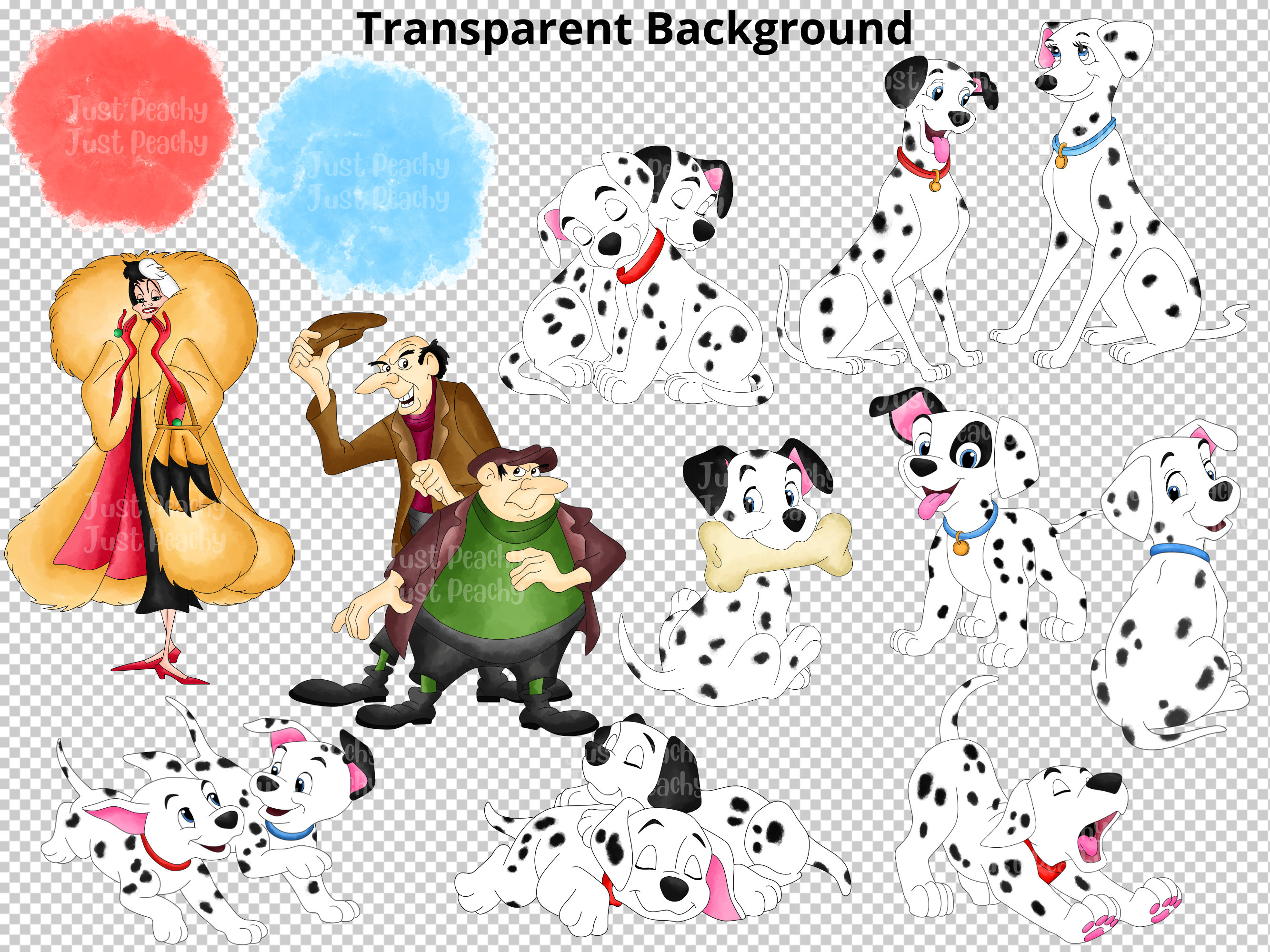 101 Dalmatians Hand Drawn Watercolor Clipart Set, PNG, High Resolution, Transparent Background ...