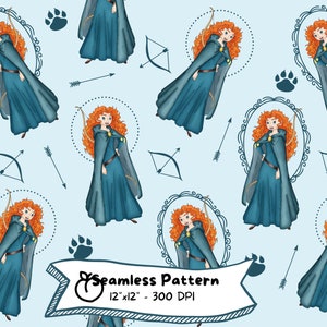 Princess Merida Watercolor Seamless Pattern, Digital Download, Brave ...