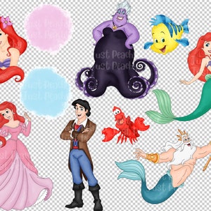 The Little Mermaid Hand Drawn Watercolor Clipart Set, Cute Cartoon, PNG ...