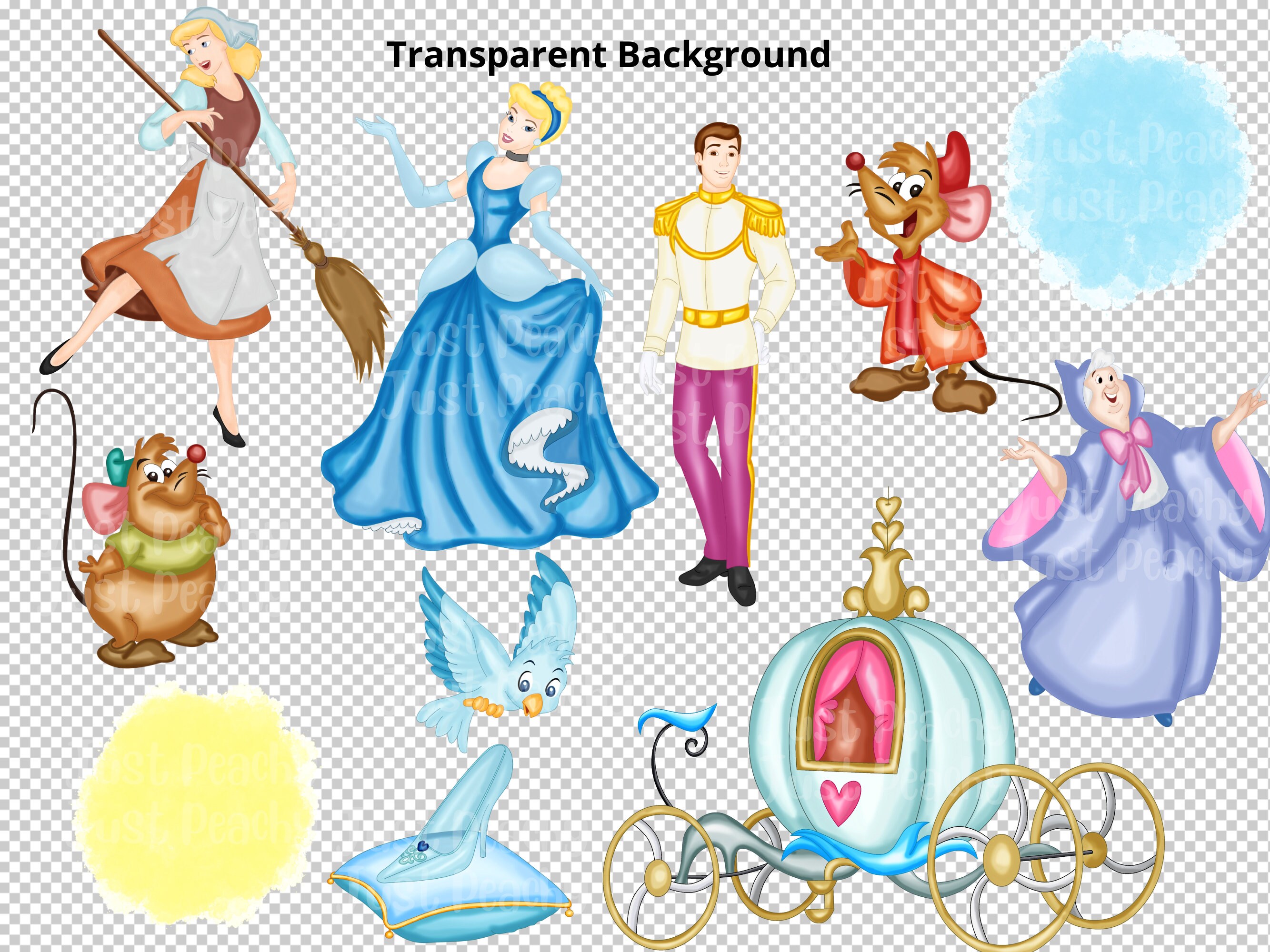 Cinderella Hand Drawn Watercolor Clipart Set, Cute Cartoon Illustration ...
