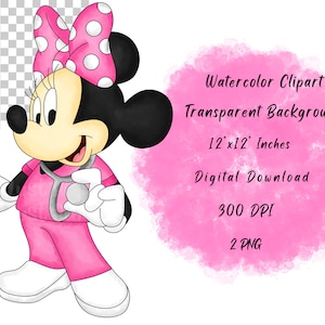 Nurse Minnie Mouse, Hand Drawn Watercolor Clipart, Cute Cartoon ...