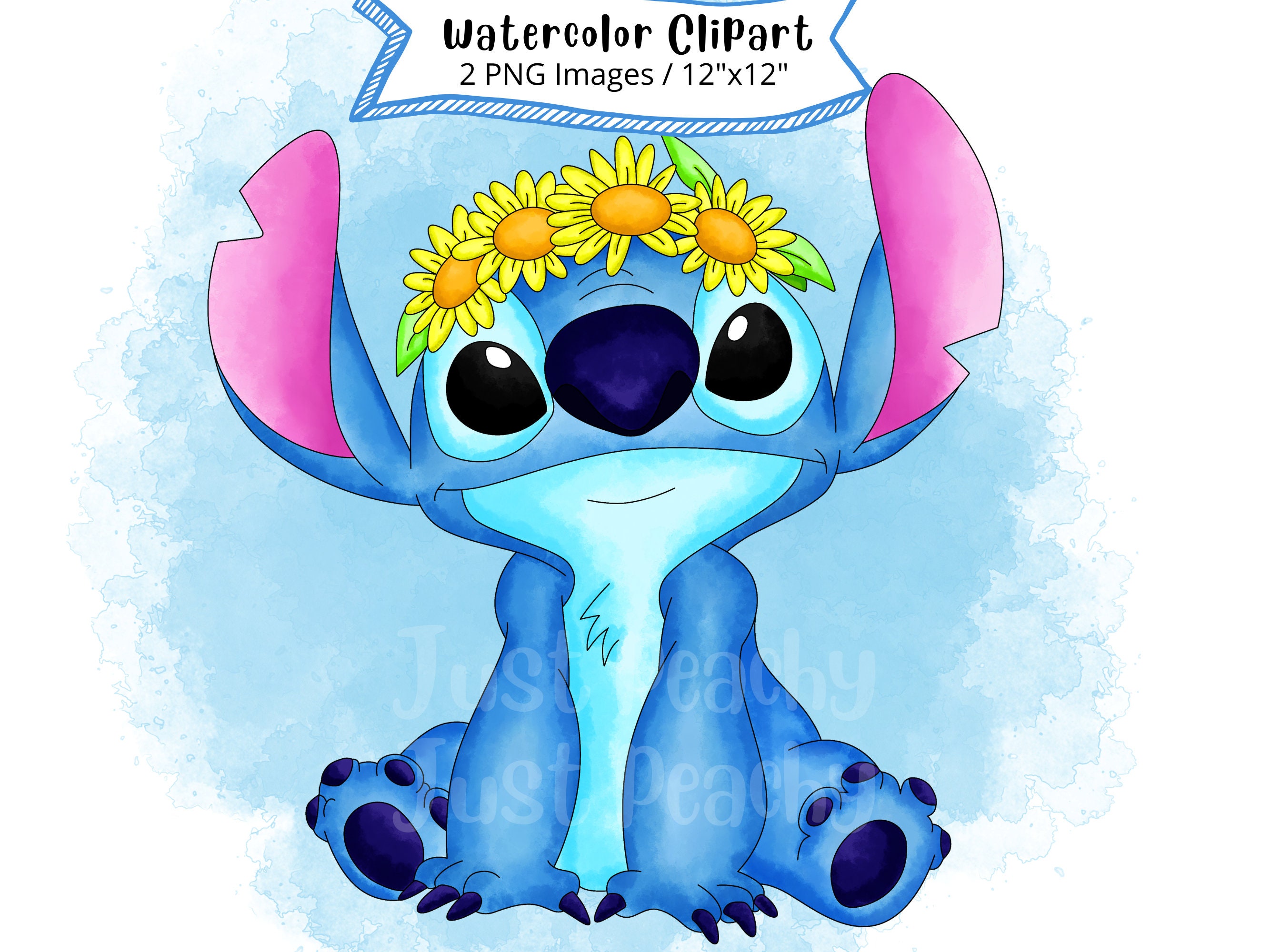Stitch With Flowers Watercolor Clipart: Cartoon PNG (digital Download ...