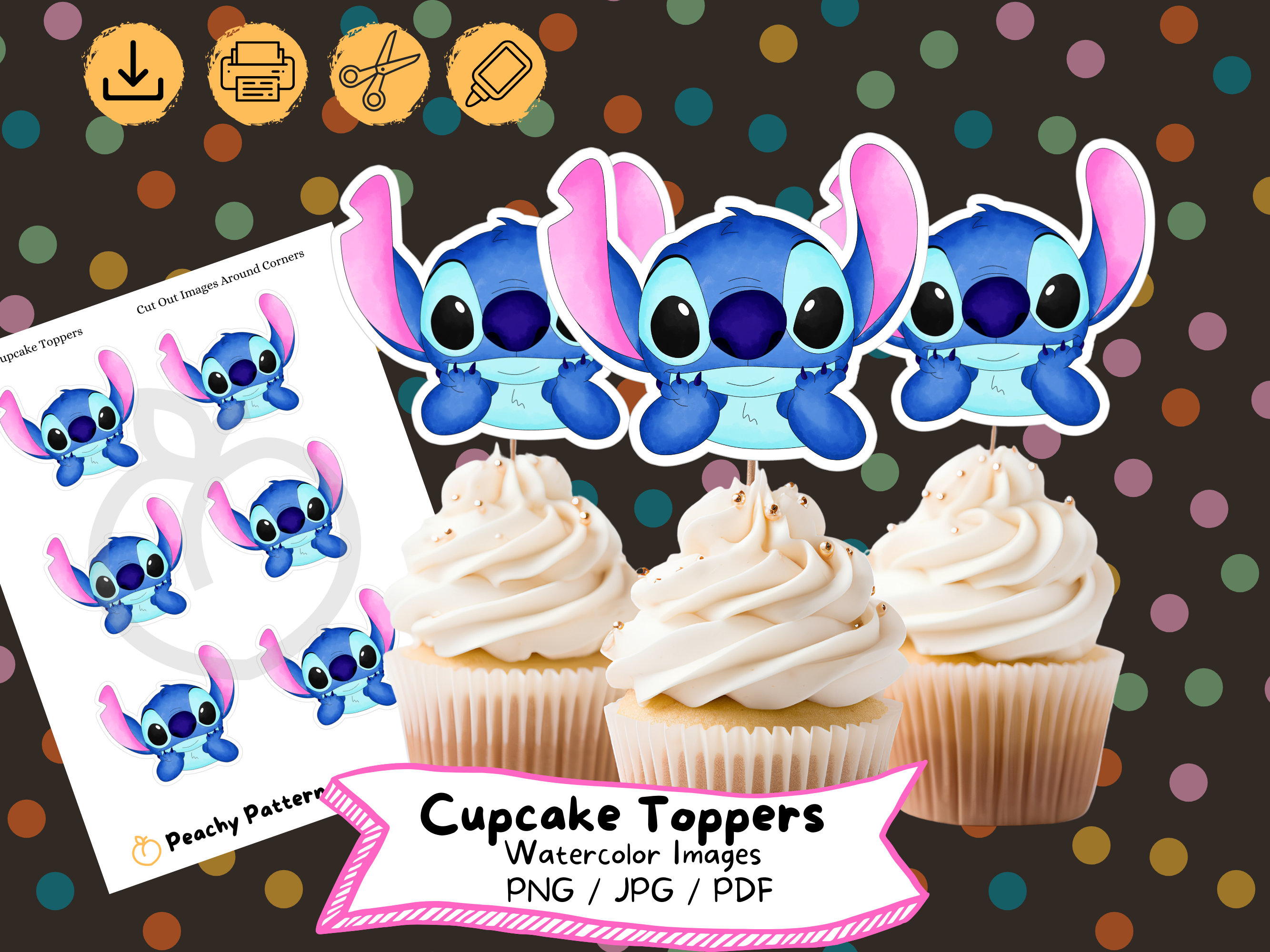 Stitch Watercolor Cupcake Topper, Instant Digital Download, Birthday ...