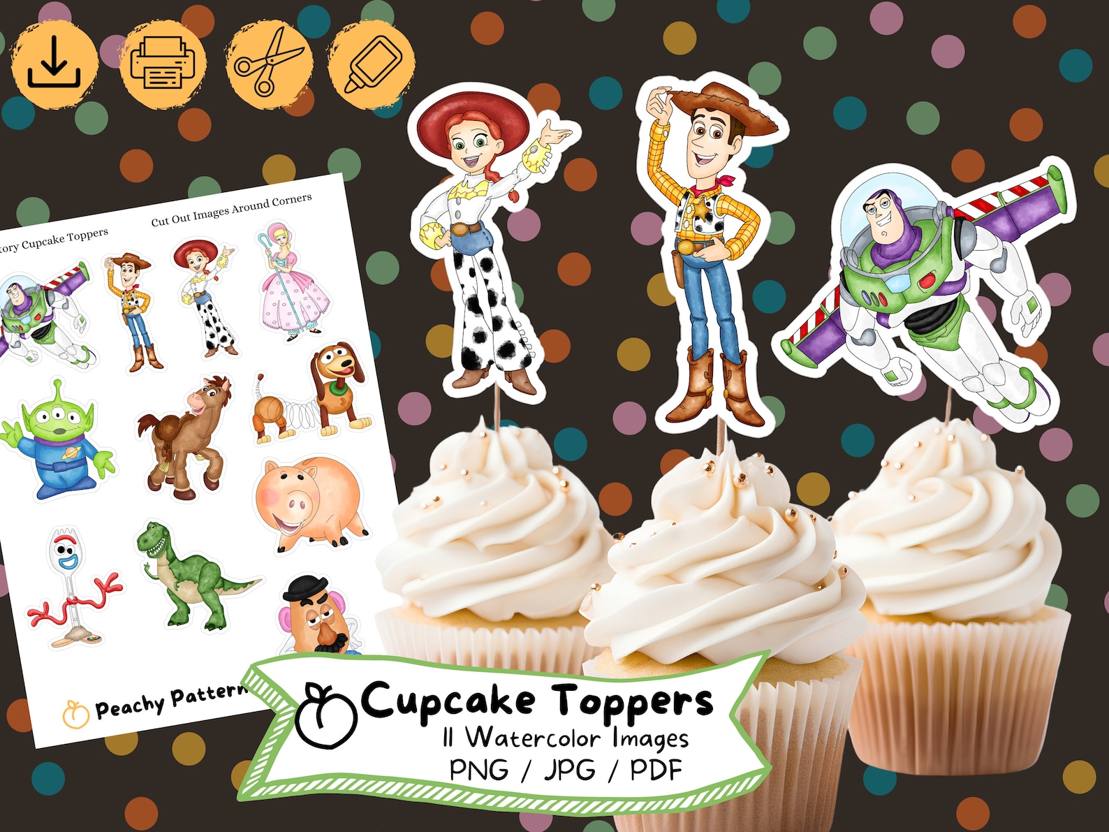 Toy Story Cupcake Toppers: Watercolor Birthday Party Decoration ...