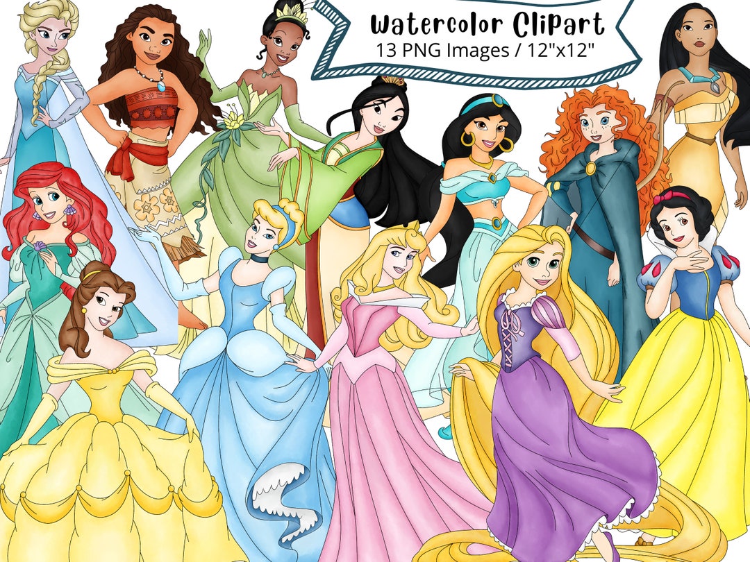 Full Set Princess Watercolor Clipart, Hand Drawn, Cute Cartoon ...