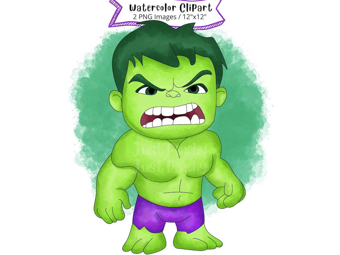 Kawaii Hulk Watercolor Clipart, PNG, Superhero, Transparent Background ...