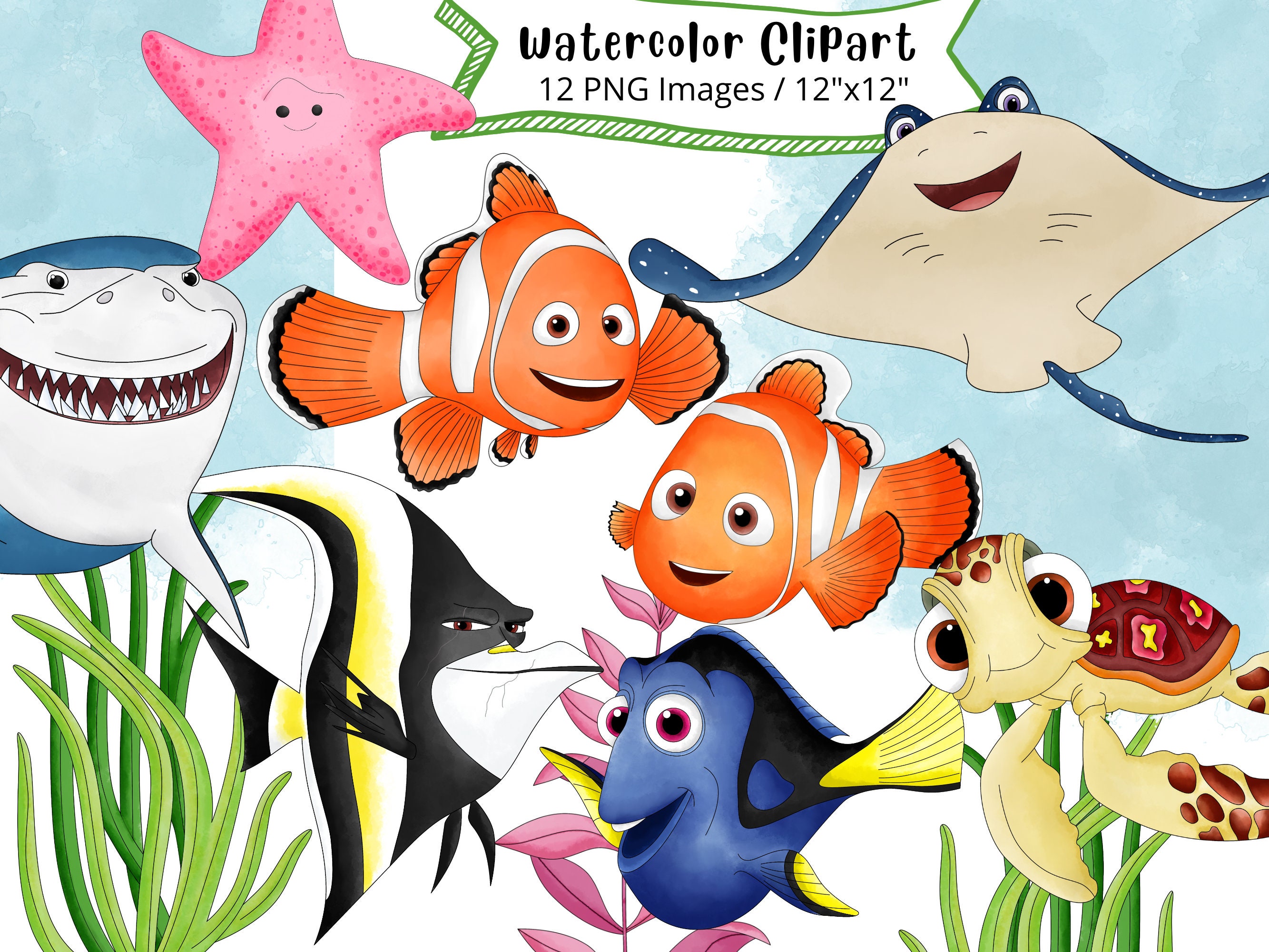 Finding Nemo Watercolor Clipart, Cute Cartoon Illustration, Dory, Under ...