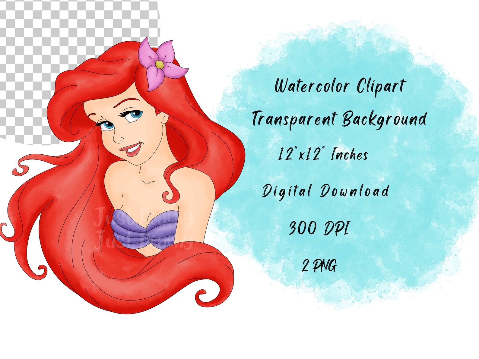 The Little Mermaid Hand Drawn Watercolor Clipart, Cute Cartoon, PNG ...
