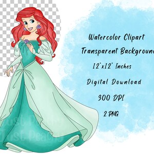 Princess Ariel Watercolor Clipart, Hand Drawn, Cute Cartoon ...