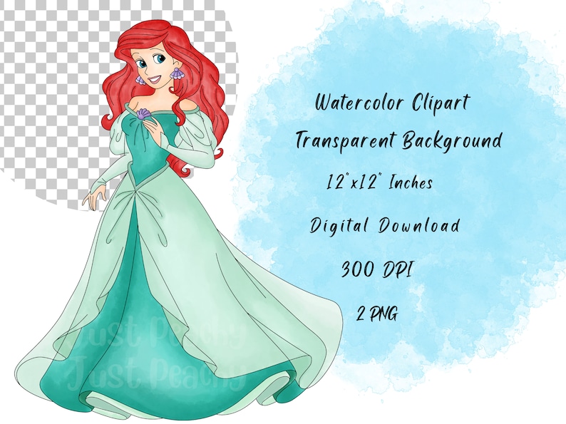 Princess Ariel Watercolor Clipart, Hand Drawn, Cute Cartoon ...