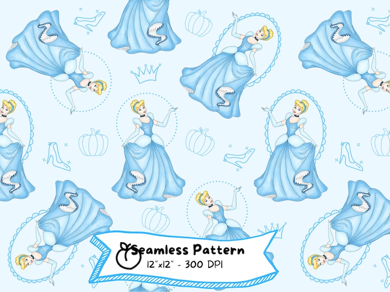 Princess Cinderella Watercolor Seamless Pattern, Digital Download, Cute ...