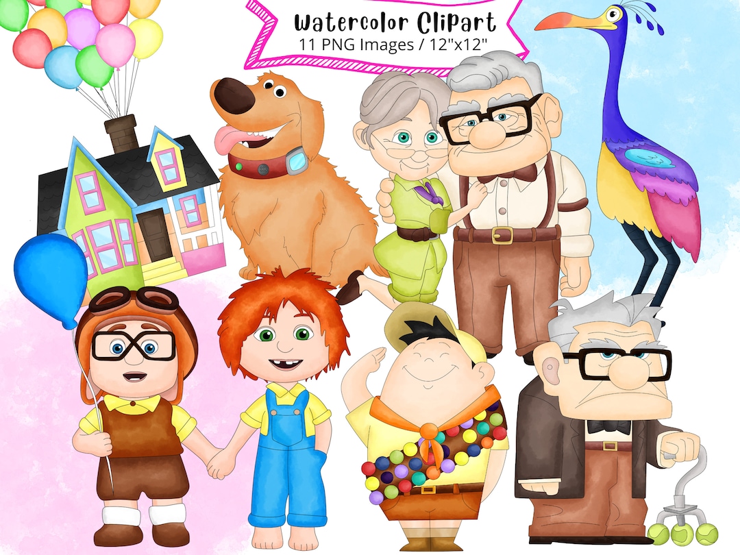 UP Watercolor Clipart Set: Cartoon Characters, Balloon House (PNG ...
