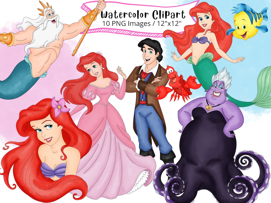 The Little Mermaid Hand Drawn Watercolor Clipart Set, Cute Cartoon, PNG ...