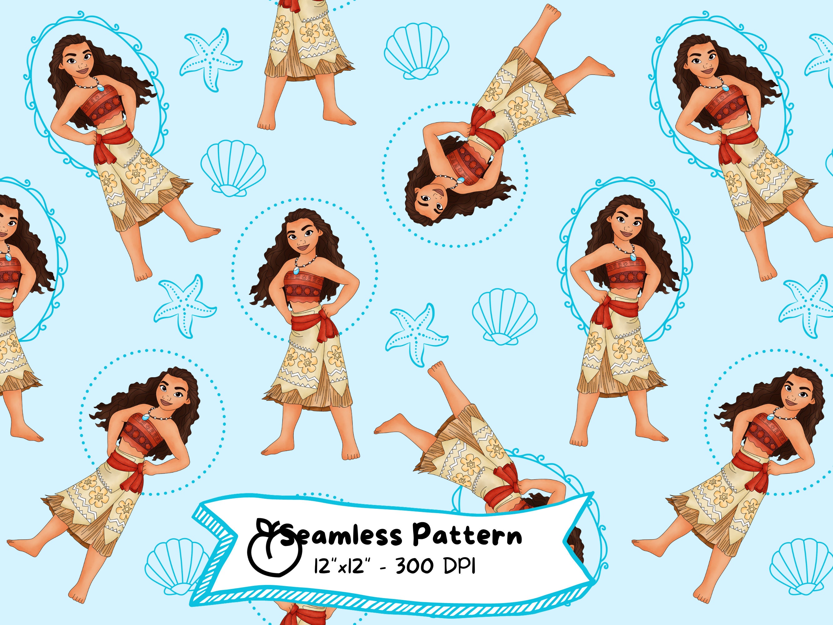 Princess Moana Watercolor Seamless Pattern, Digital Download, Cute ...