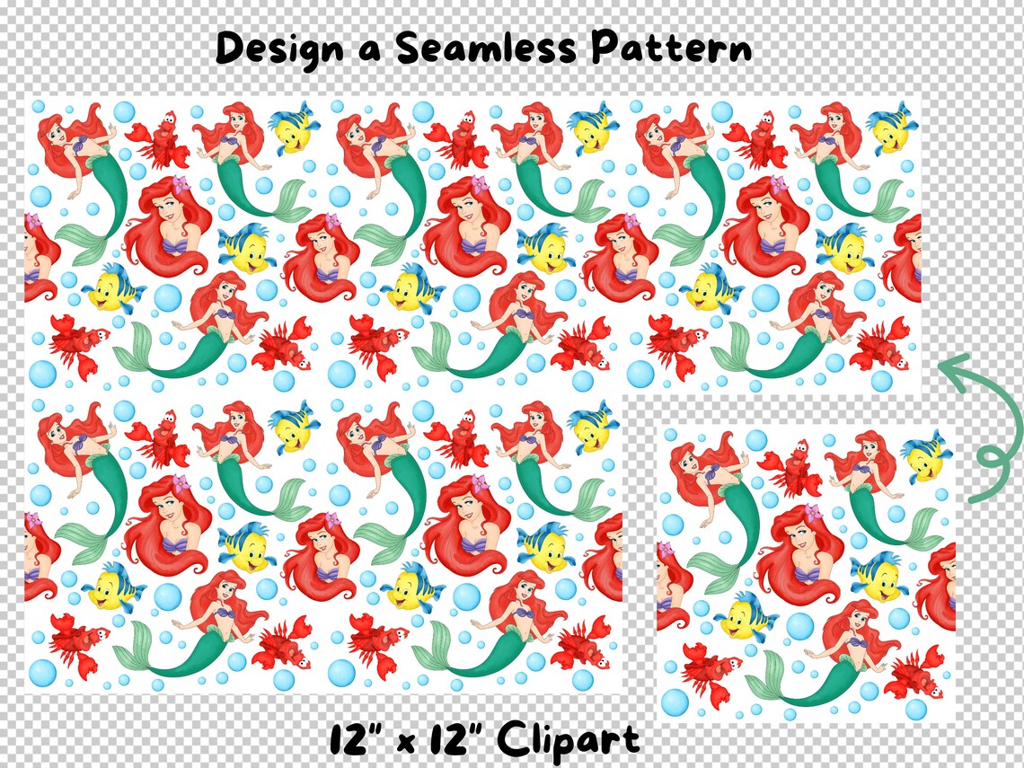 Little Mermaid Seamless Pattern: Watercolor Ariel, Flounder (digital ...
