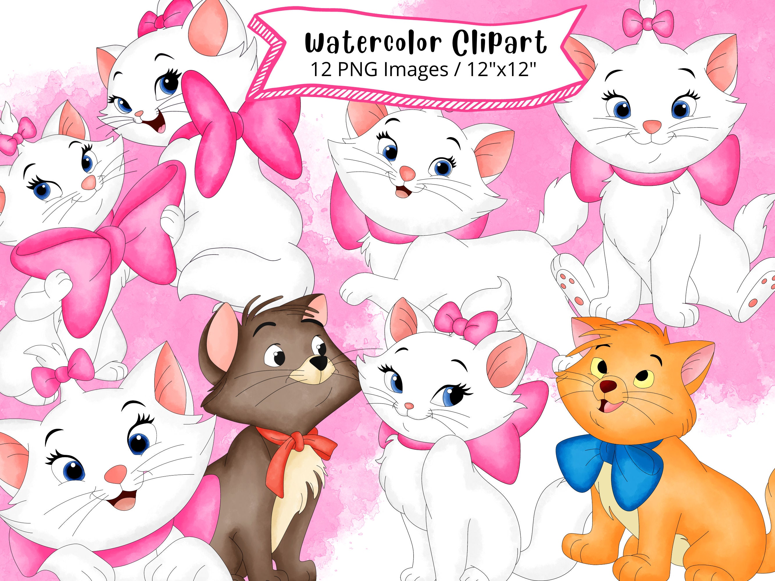 Marie Cat Watercolor Clipart Set: Hand-drawn Cartoon (digital Download ...