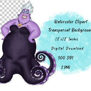 Ursula From the Little Mermaid Hand Drawn Watercolor Clipart, Cute ...