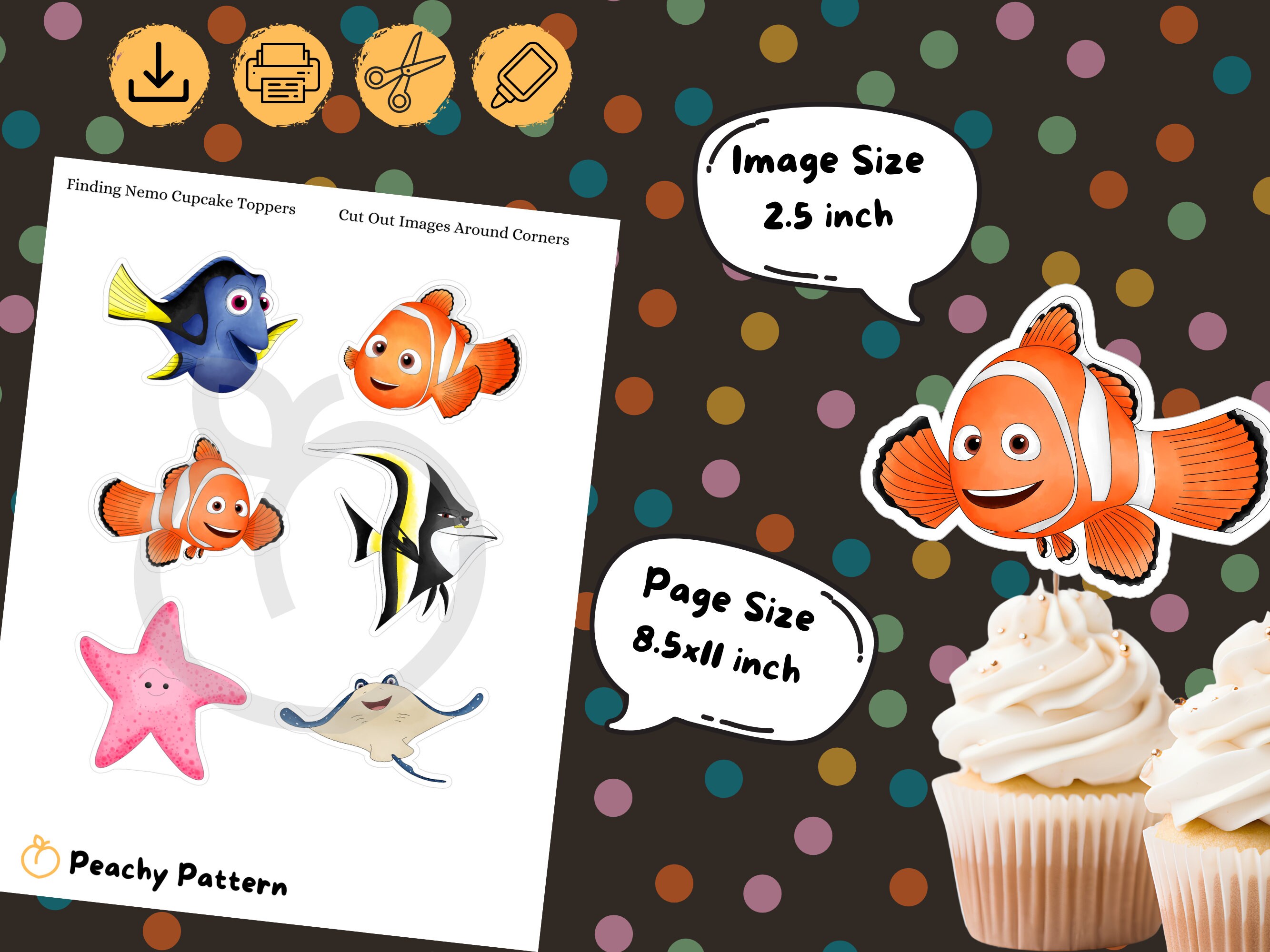 Finding Nemo Watercolor Cupcake Topper, Instant Download, Birthday ...