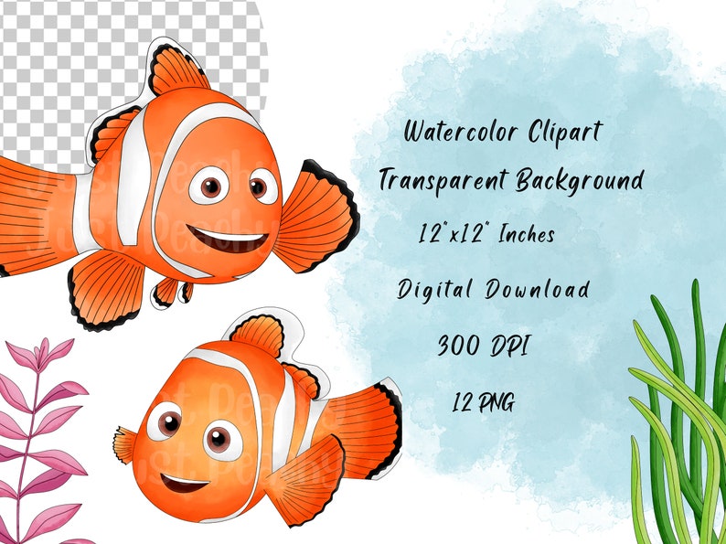 Finding Nemo Watercolor Clipart, Cute Cartoon Illustration, Dory, Under ...