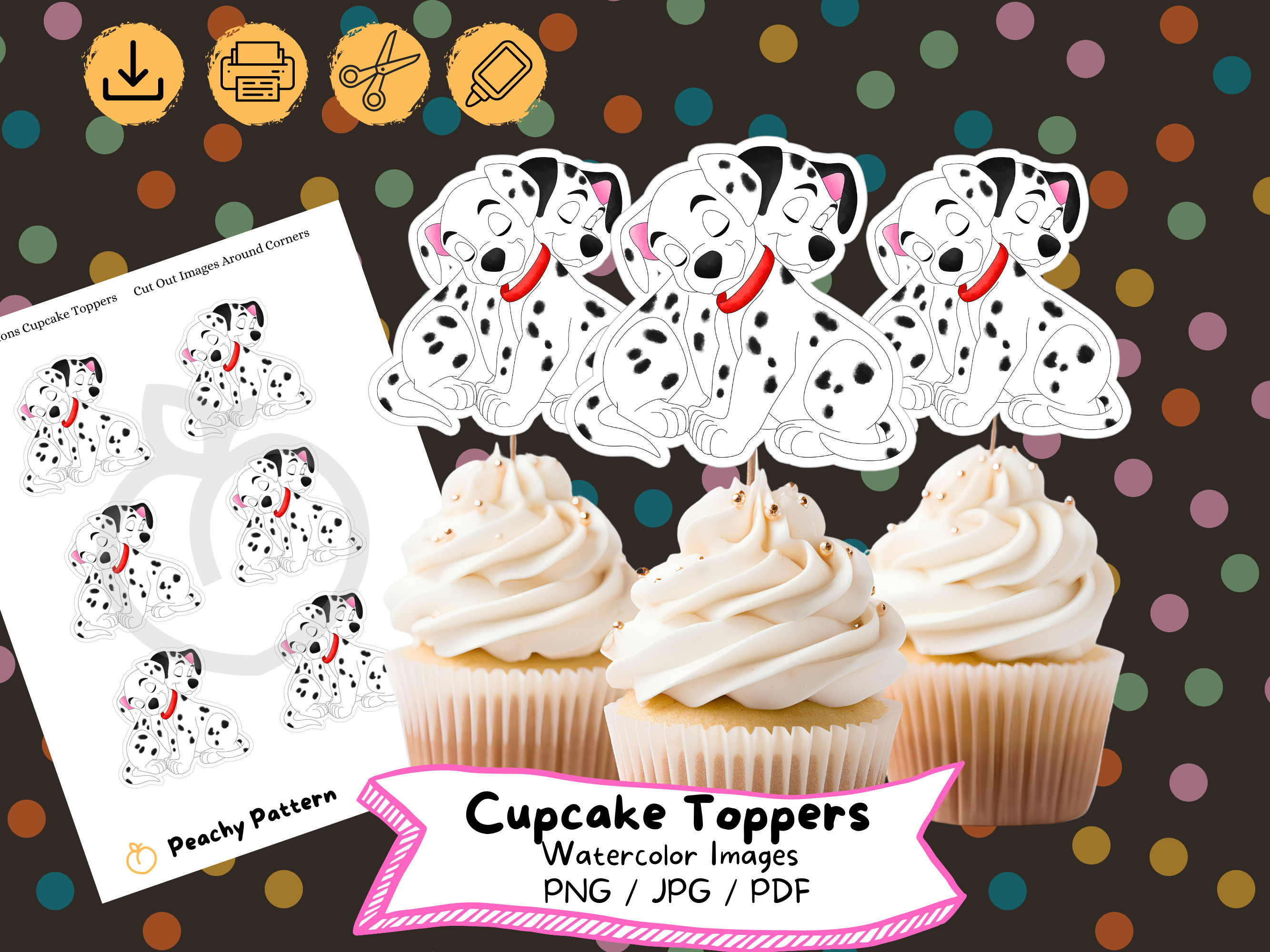 101 Dalmatians Watercolor Cupcake Topper, Digital Download, Birthday ...