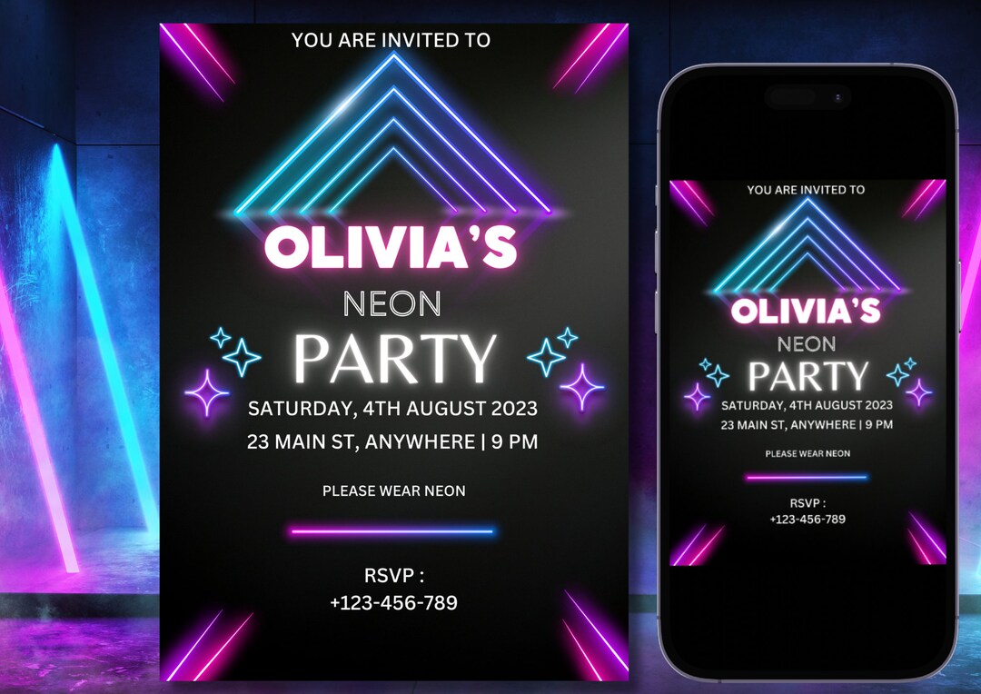 Minimal Neon Party Theme Birthday Invite, Neon Party Invite, Neon Disco ...