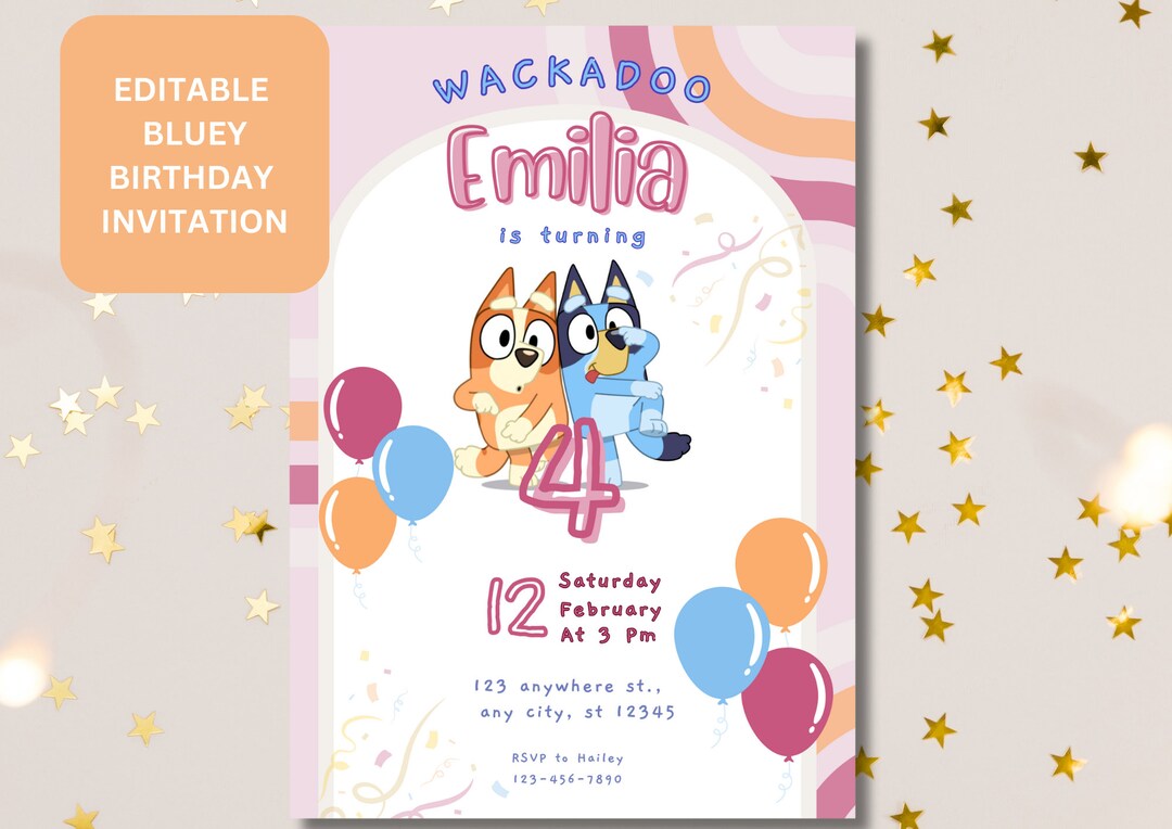 Wackadoo Pink Bluey Birthday Invitation, Editable Canva Template, Bluey ...