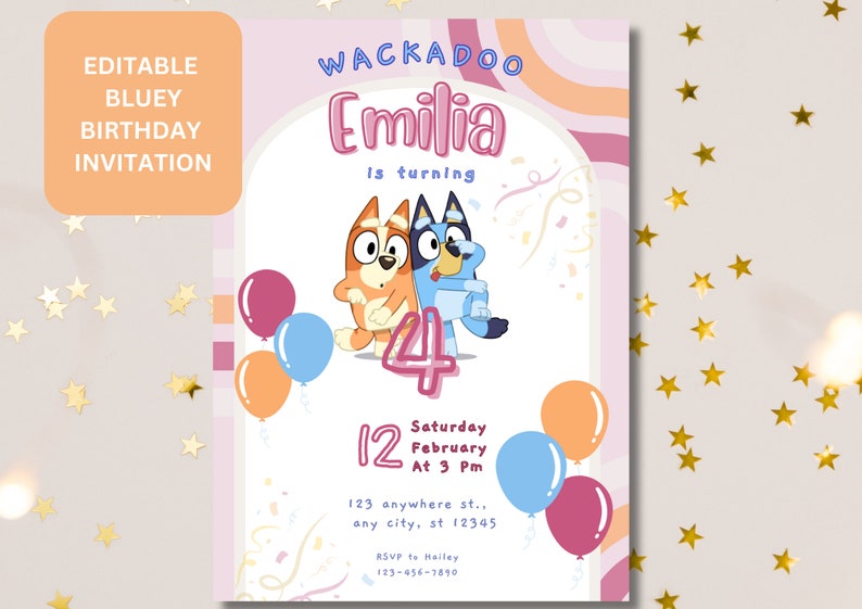 Wackadoo Pink Bluey Birthday Invitation, Editable Canva Template, Bluey ...