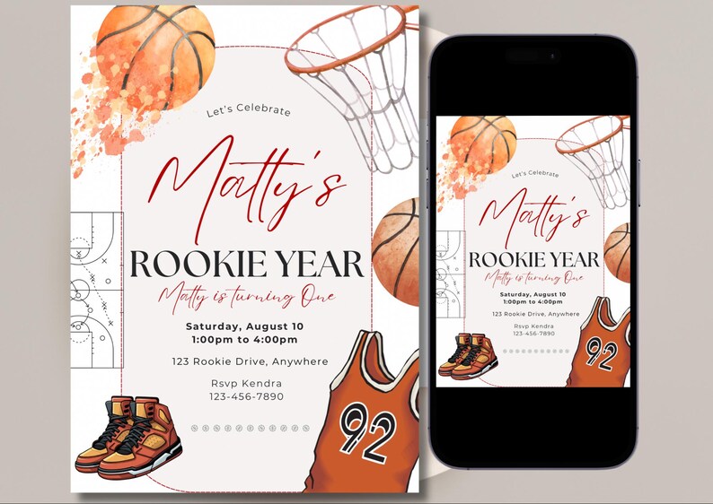 Rookie Year Invitation, Digital Template, Basketball Invitation, Rookie ...