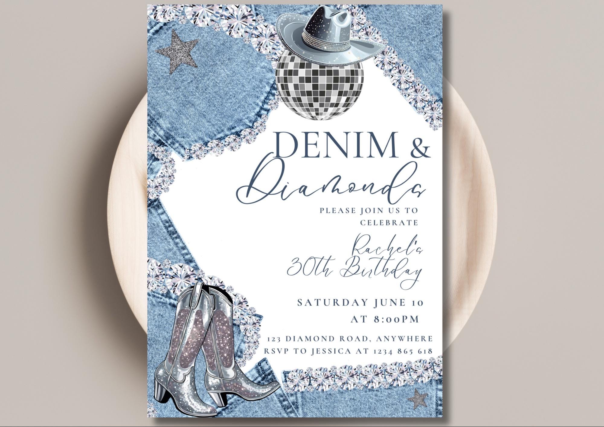 Disco Denim & Diamonds Invitation, Birthday Party Invite, Cowgirl Denim ...