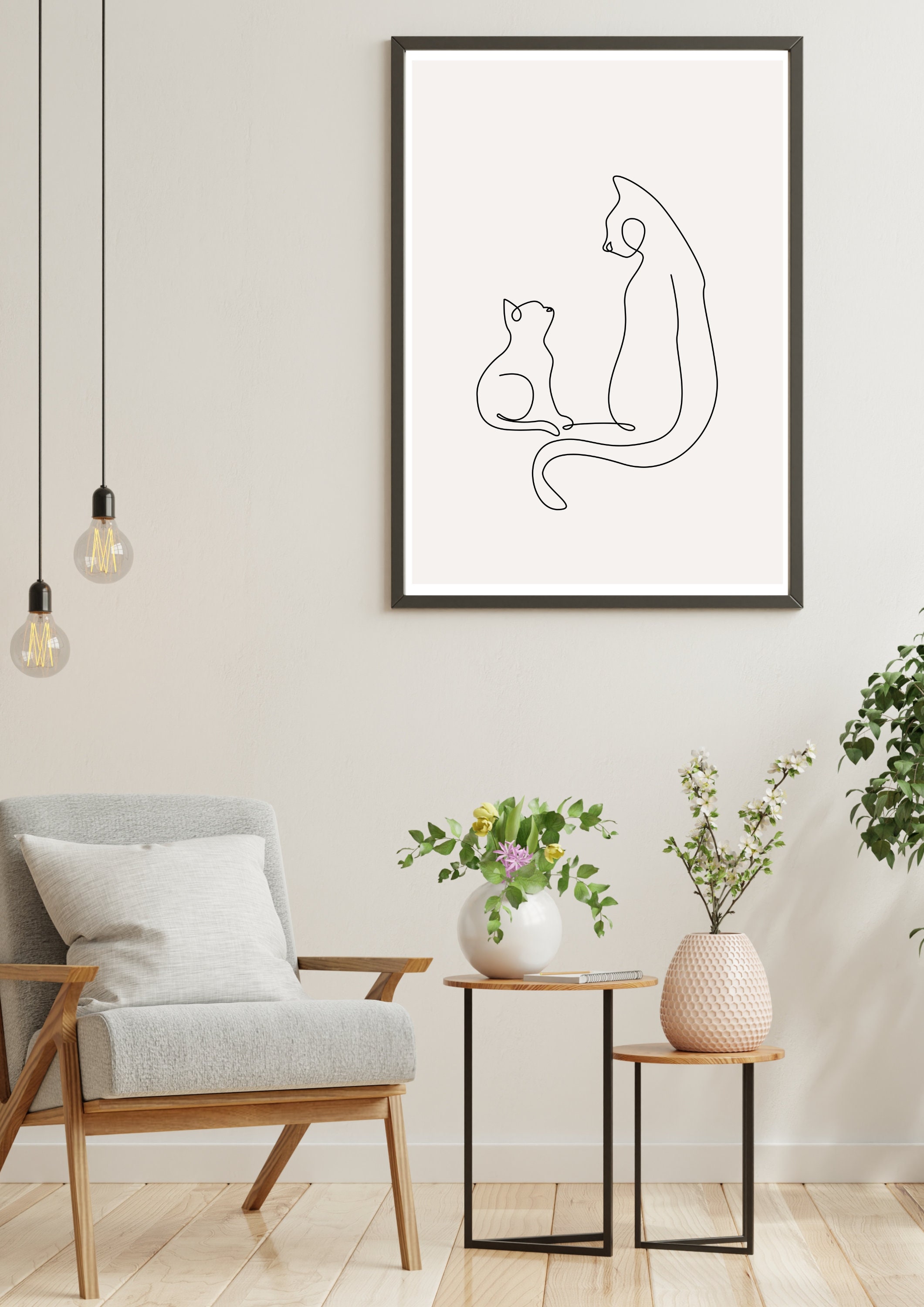 Two Cats Line Art, Line Wall Art, Minimalistic Wall Art, Cat Wall Art ...