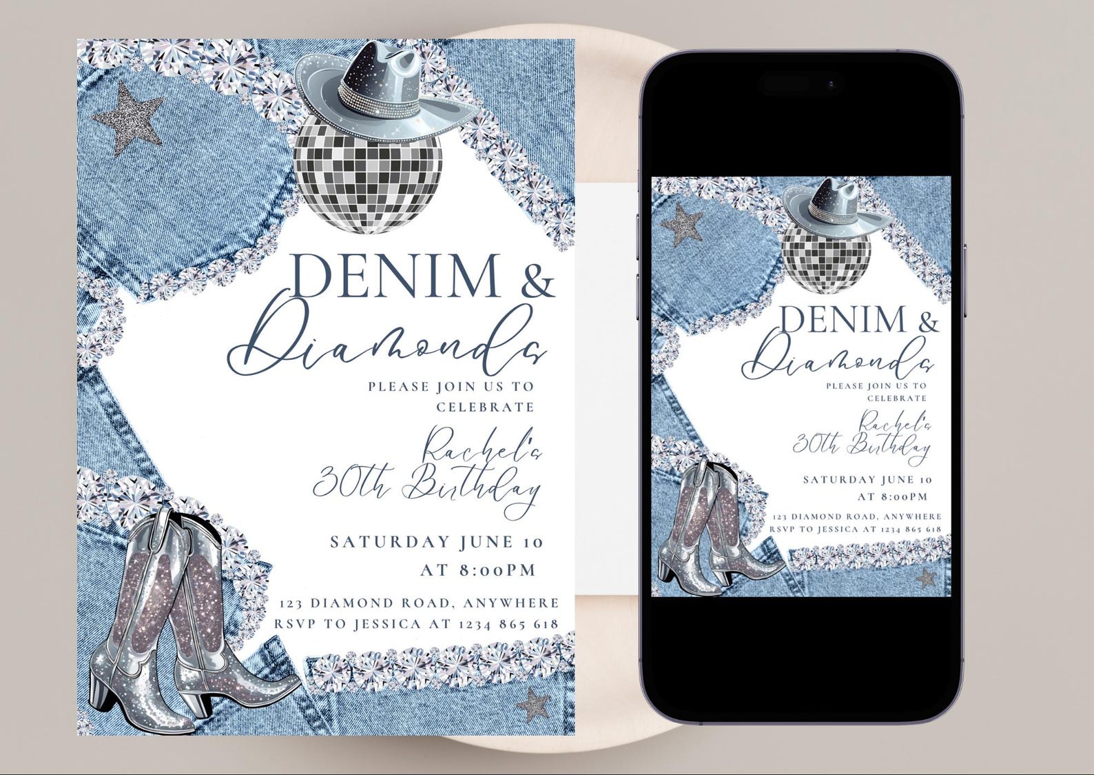 Disco Denim & Diamonds Invitation, Birthday Party Invite, Cowgirl Denim ...