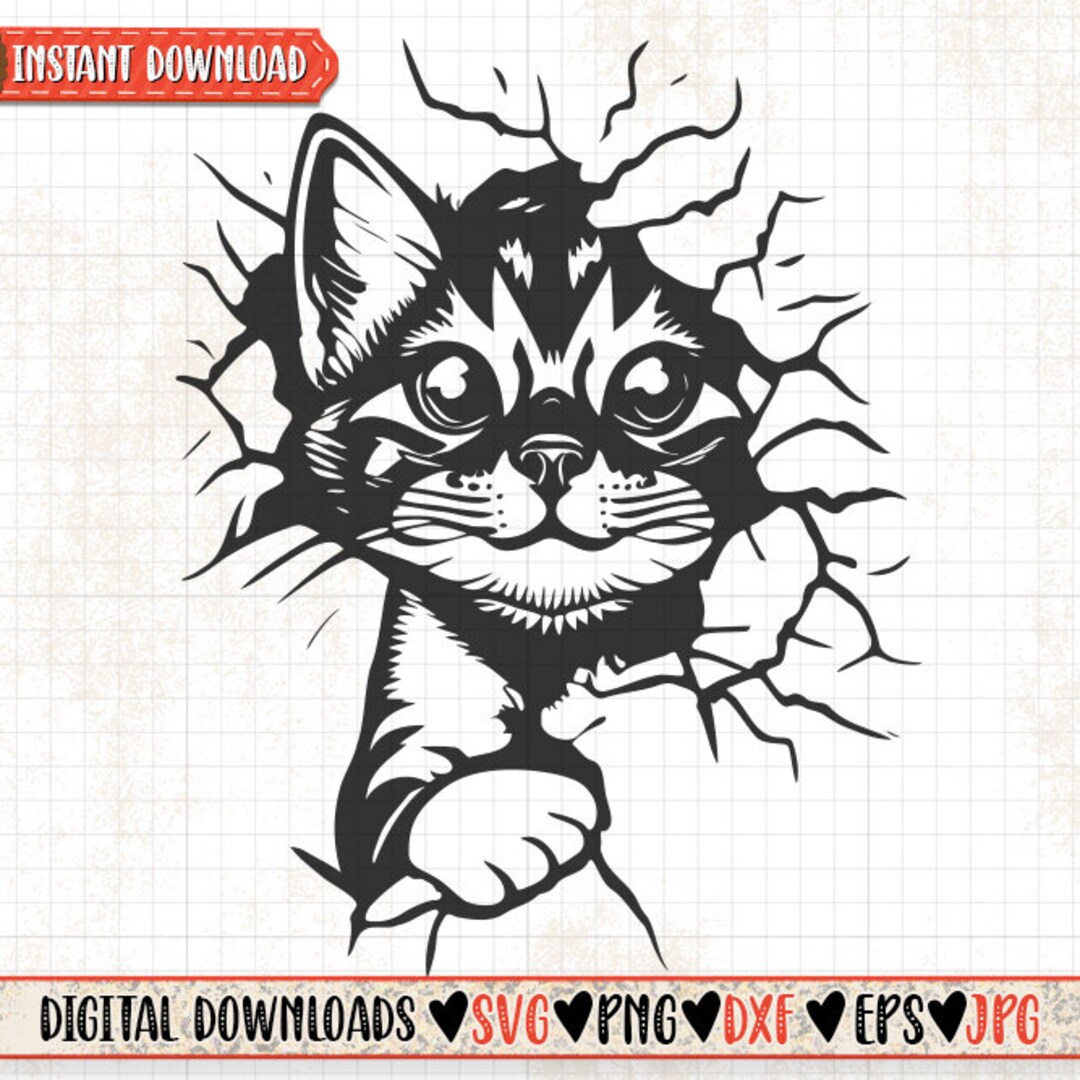 Cute Kitten in the Wall Svg | Baby Cat Cutfile | Cracked Wall Stencil ...