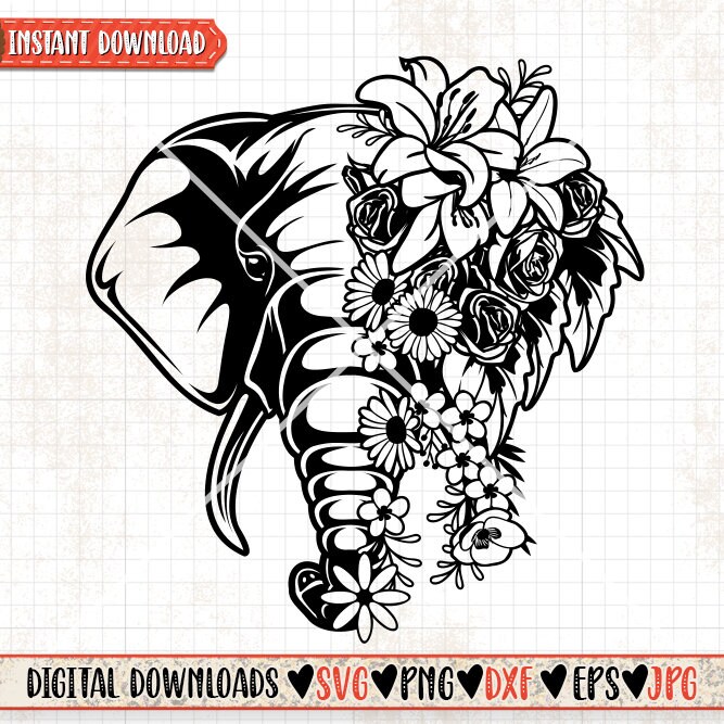 Floral Elephant Svg | Cute Animal Clipart | Flower Safari Life Stencil ...