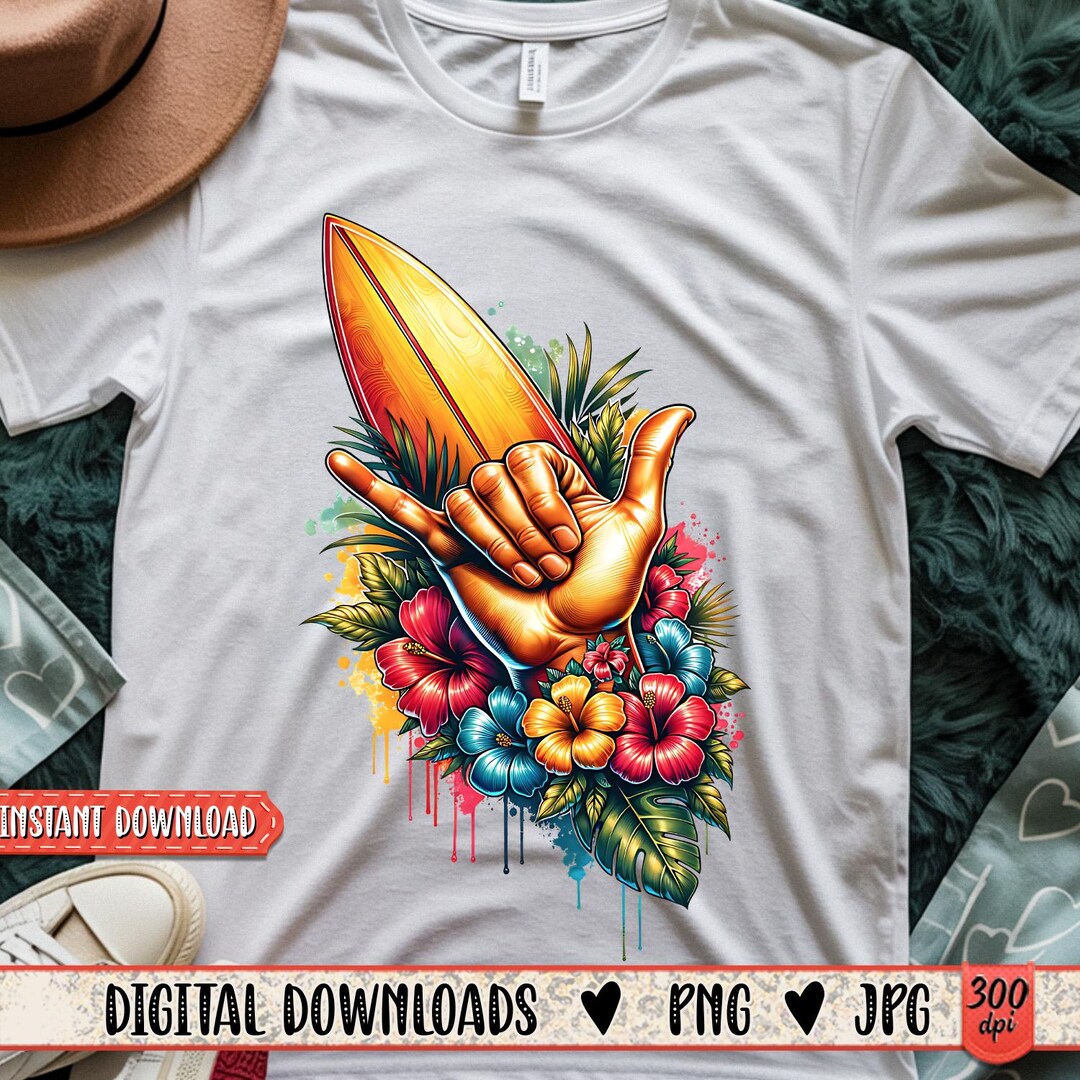 Surfboard Shaka Hand Sign Png | Floral Shaka Hand Sign Png | Surf Hand ...