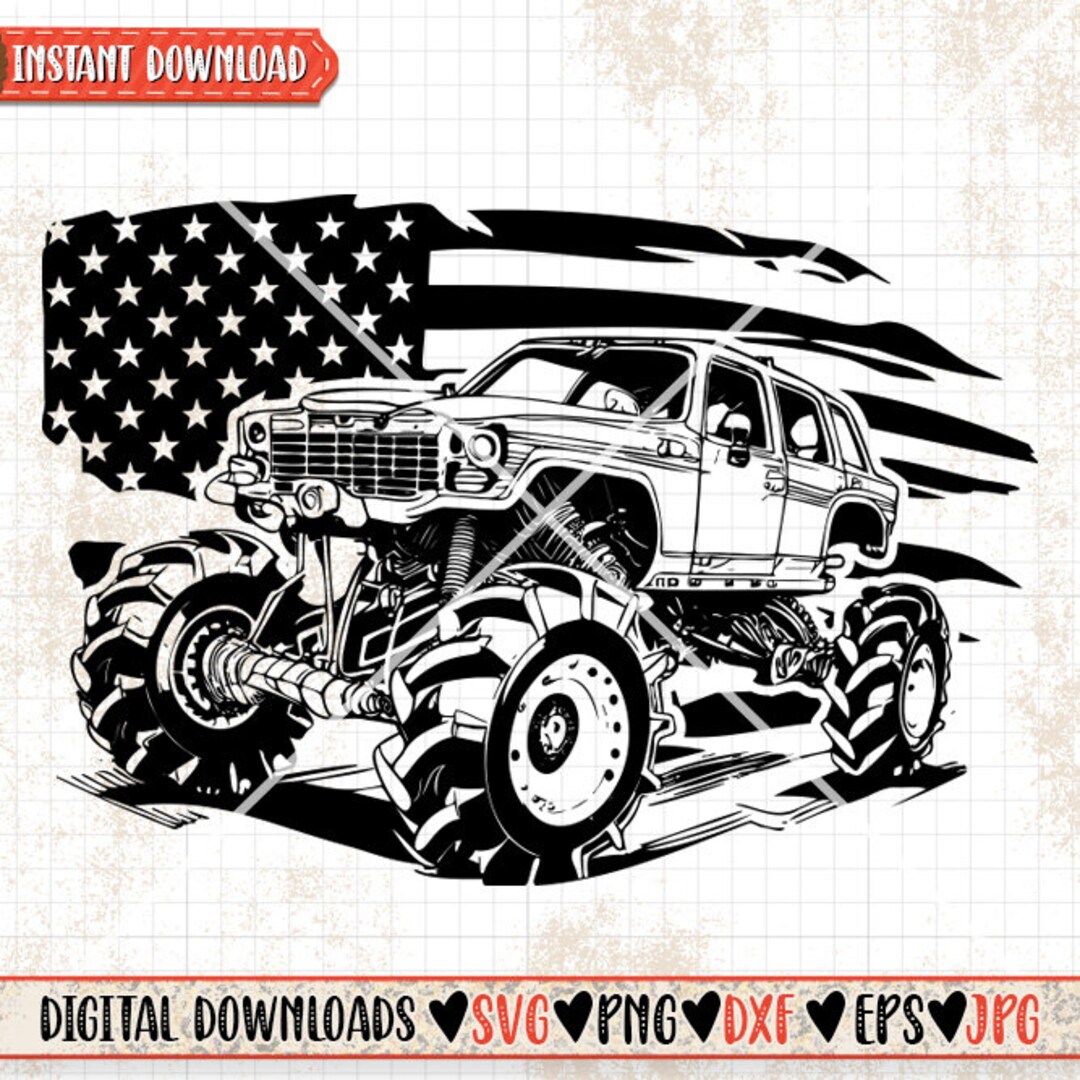 US Monster Truck Svg | Car Show Clipart | Muddy Ride Stencil | Mud ...