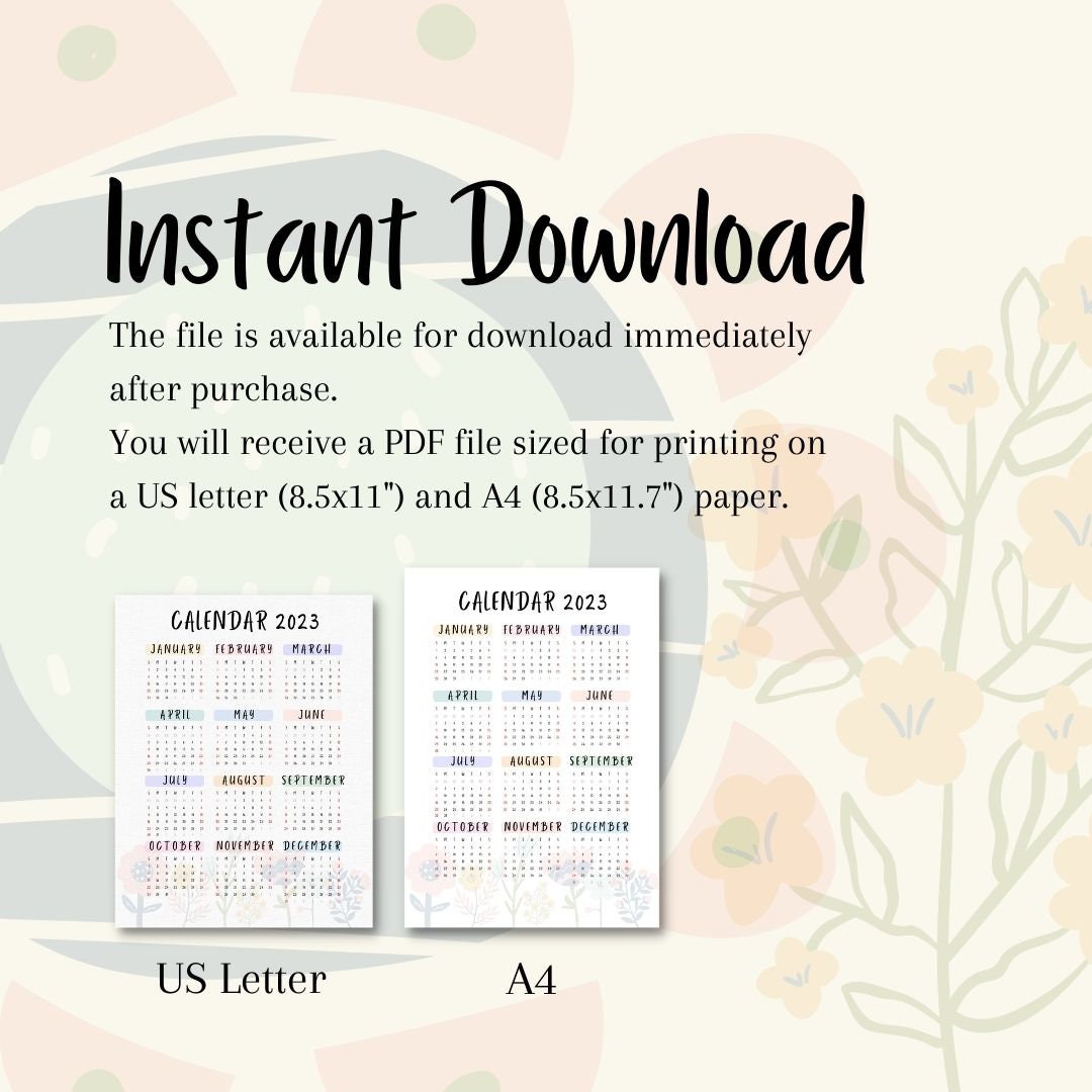 Flower Yearly Calendar 2023 Printable, Yearly Calendar, New Years ...