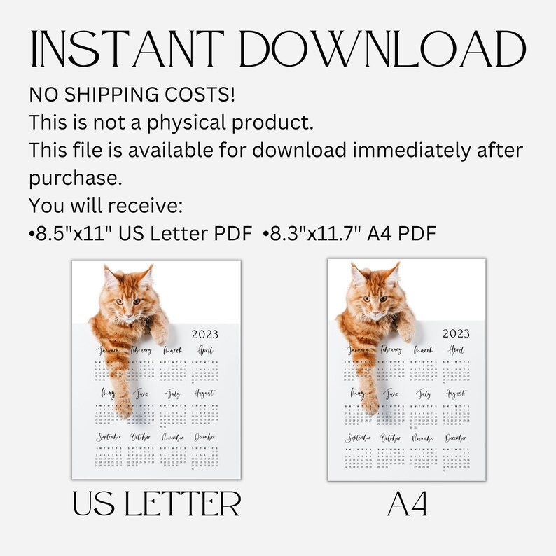 Cute Cat Yearly Calendar 2023 Printable, Yearly Calendar, New Years ...