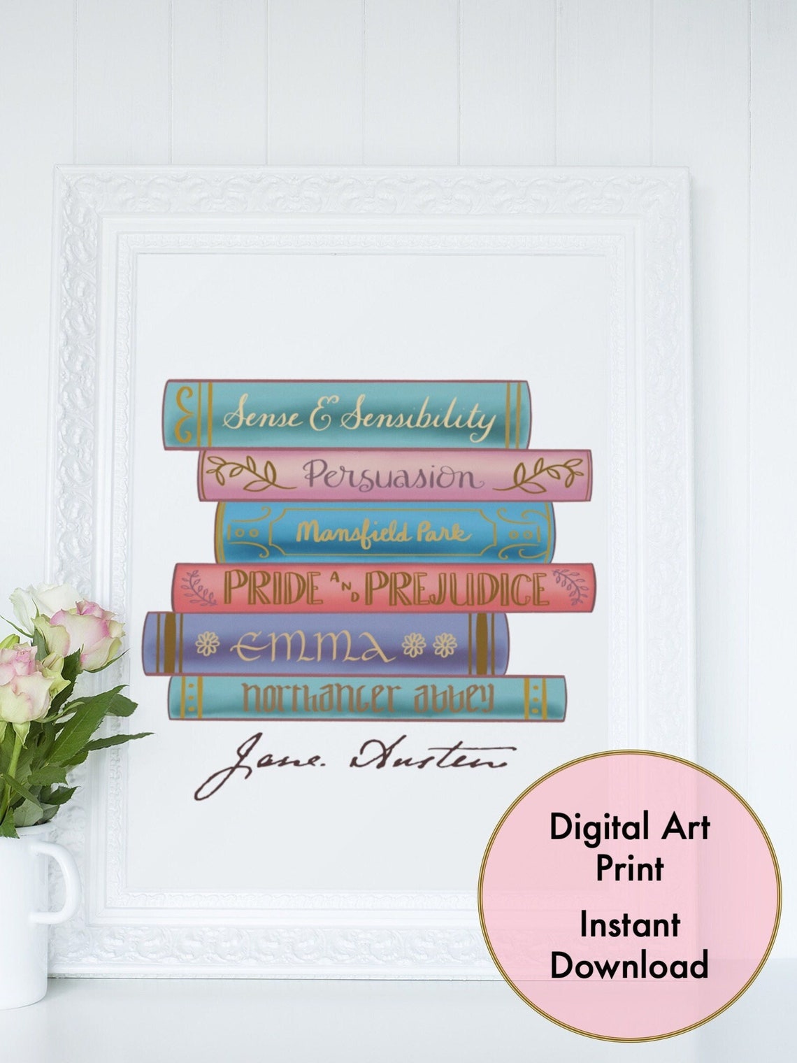 Jane Austen Wall Art, Book Stack Art Print, Printable Wall Art, Jane ...