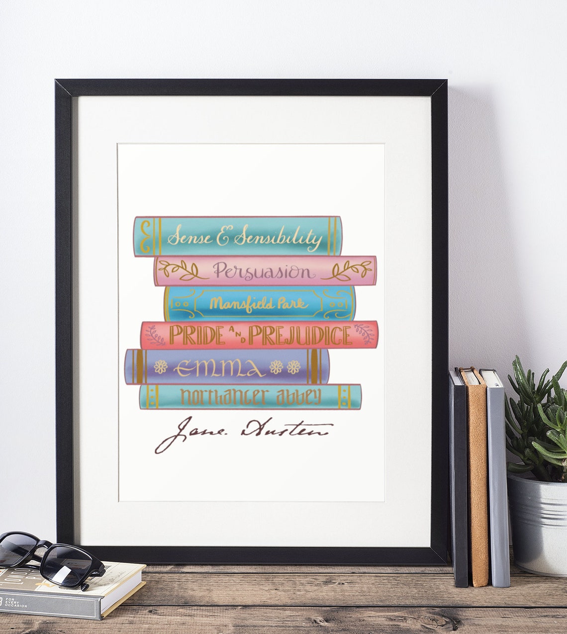 Jane Austen Wall Art, Book Stack Art Print, Printable Wall Art, Jane ...